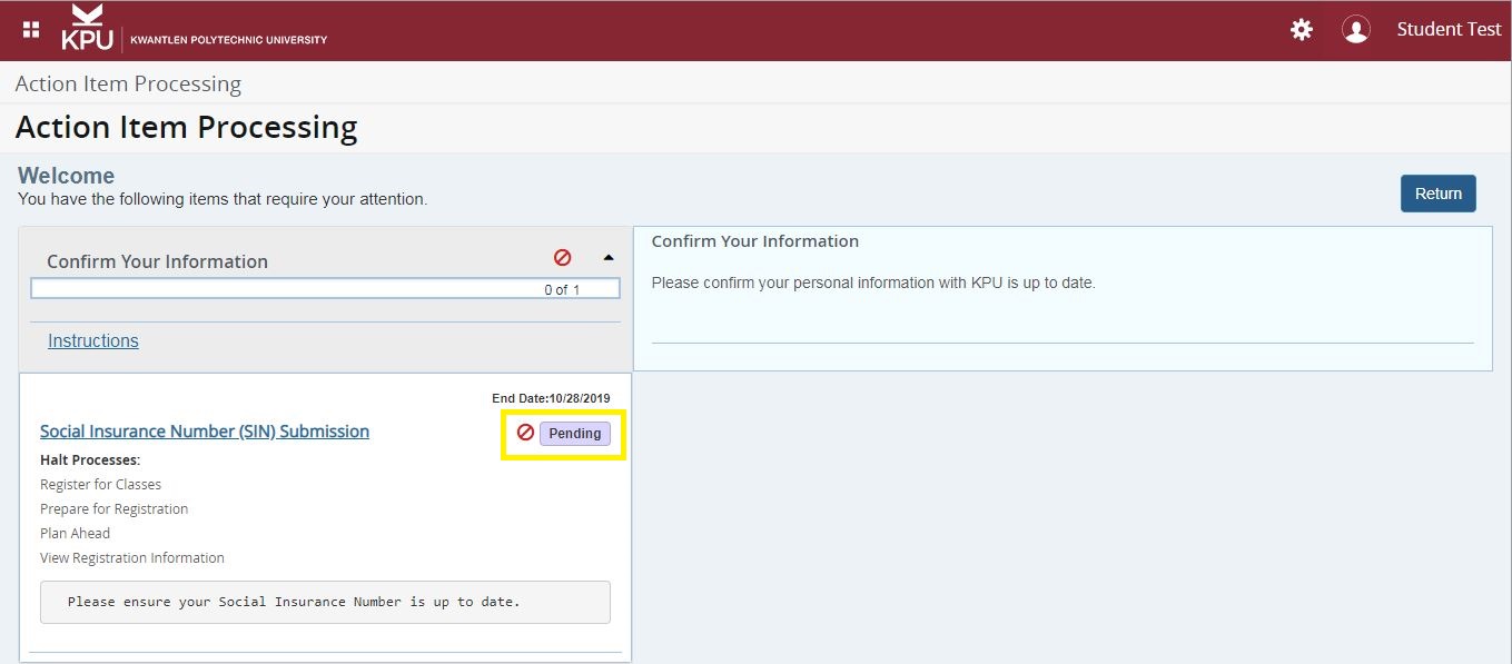 Action Items (SIN submission) | Kwantlen Polytechnic University
